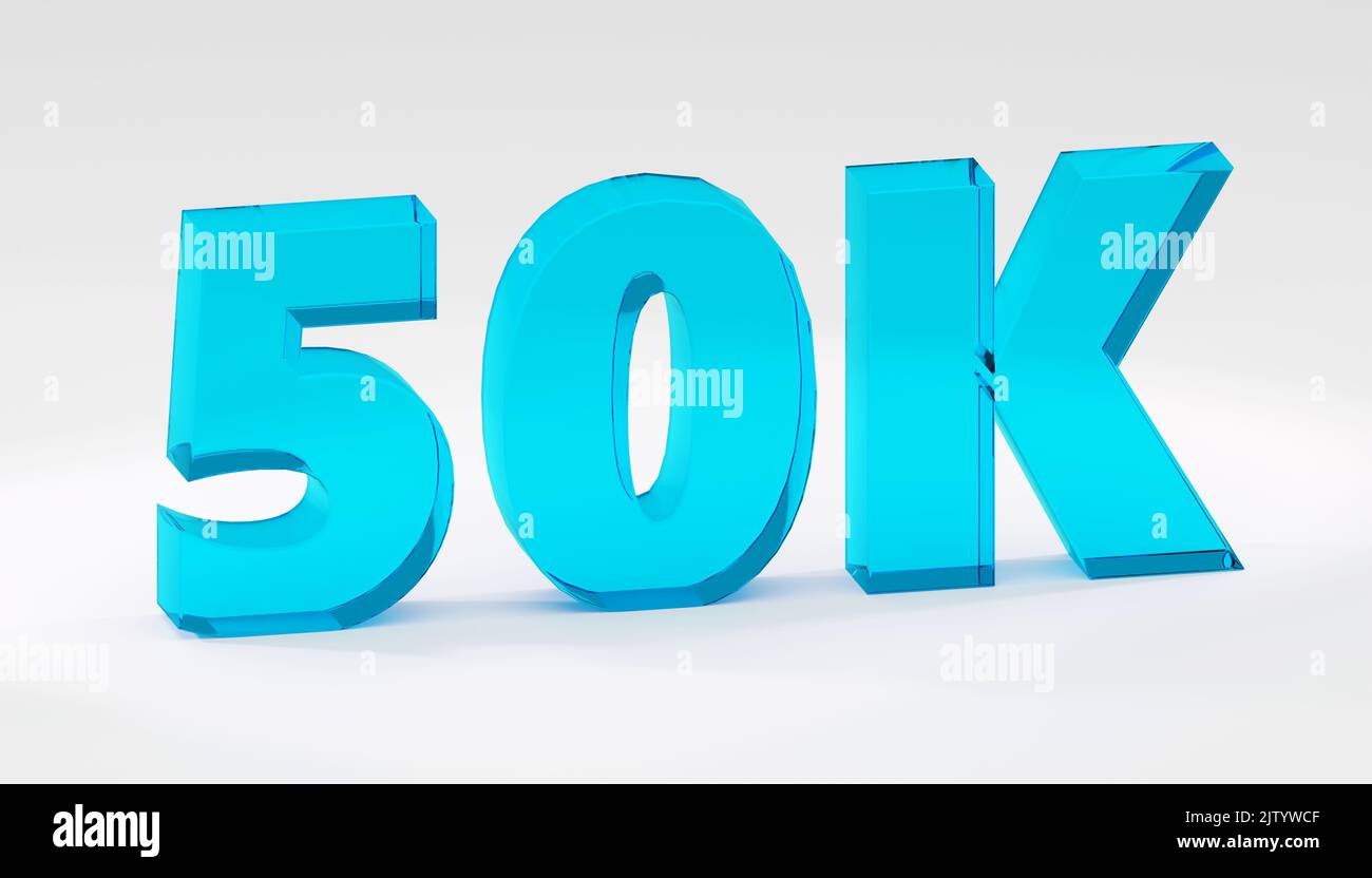 Luxury glass inscription 50k on grey podium, soft light, front view ...