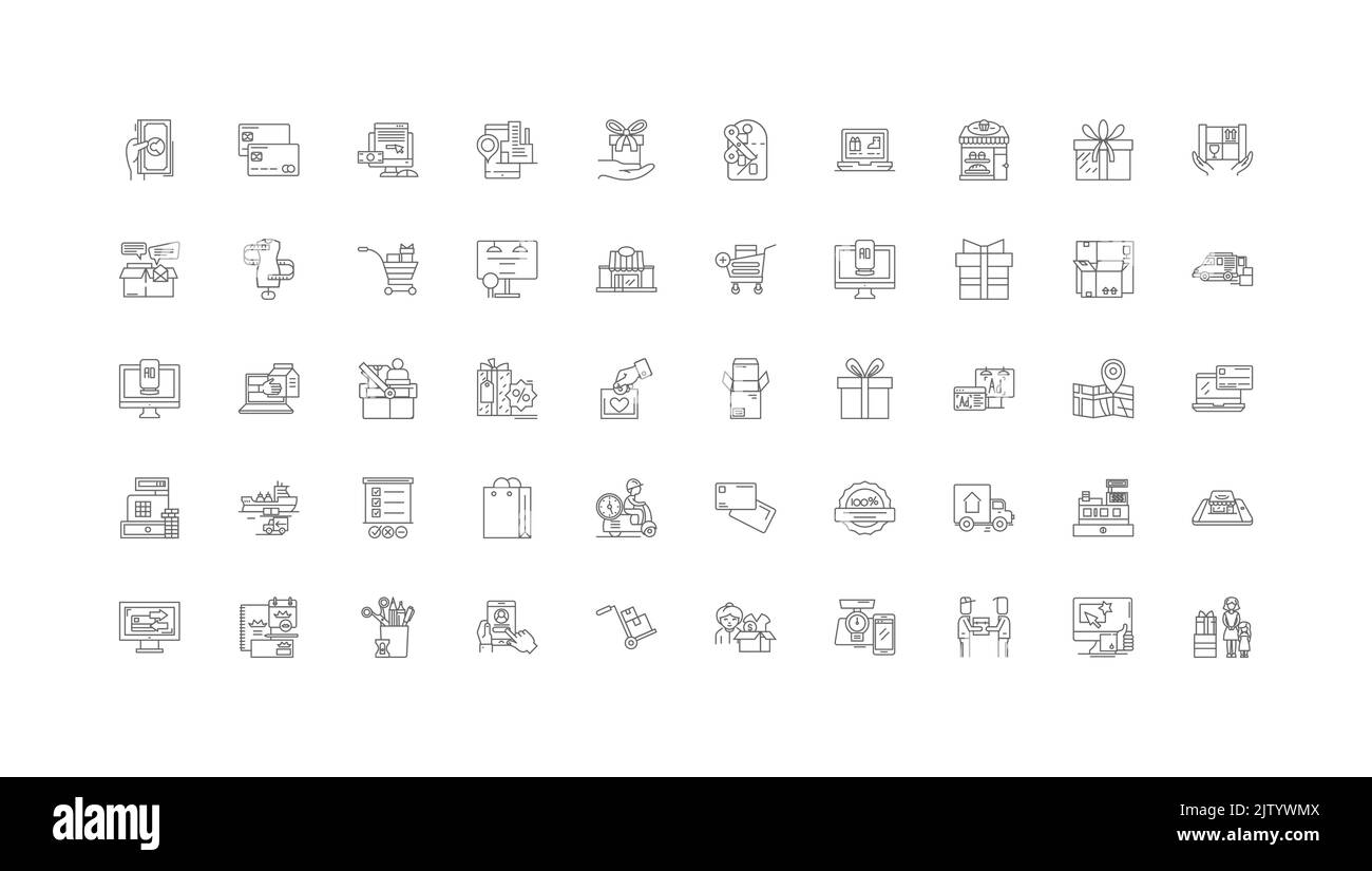 Retail business concept illustration, linear icons, line signs set ...