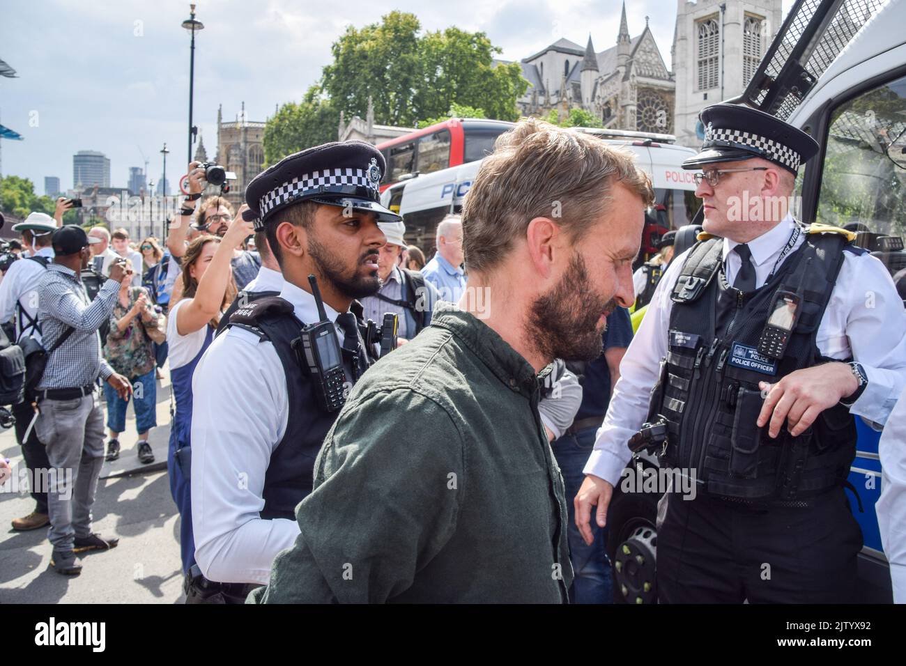 London, UK. 2nd September 2022. Police arrest a protester who was ...