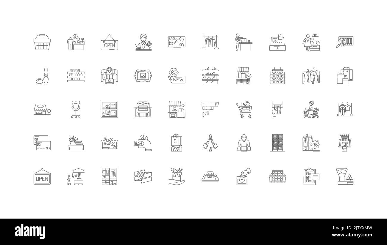 Shopping mall concept illustration, linear icons, line signs set ...