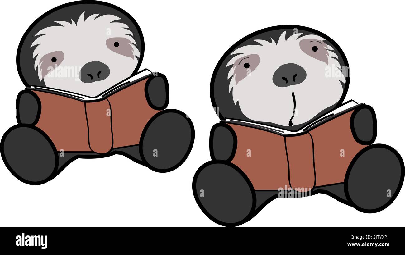 learning cute baby sloth bear character cartoon sitting reading set in ...