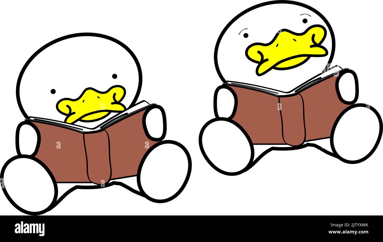 learning cute baby duck character cartoon sitting reading set in vector ...