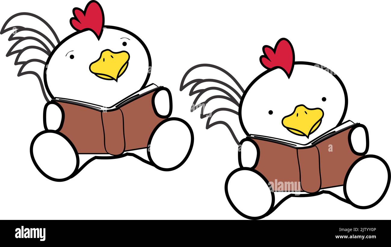 learning cute baby rooster character cartoon sitting reading set in ...