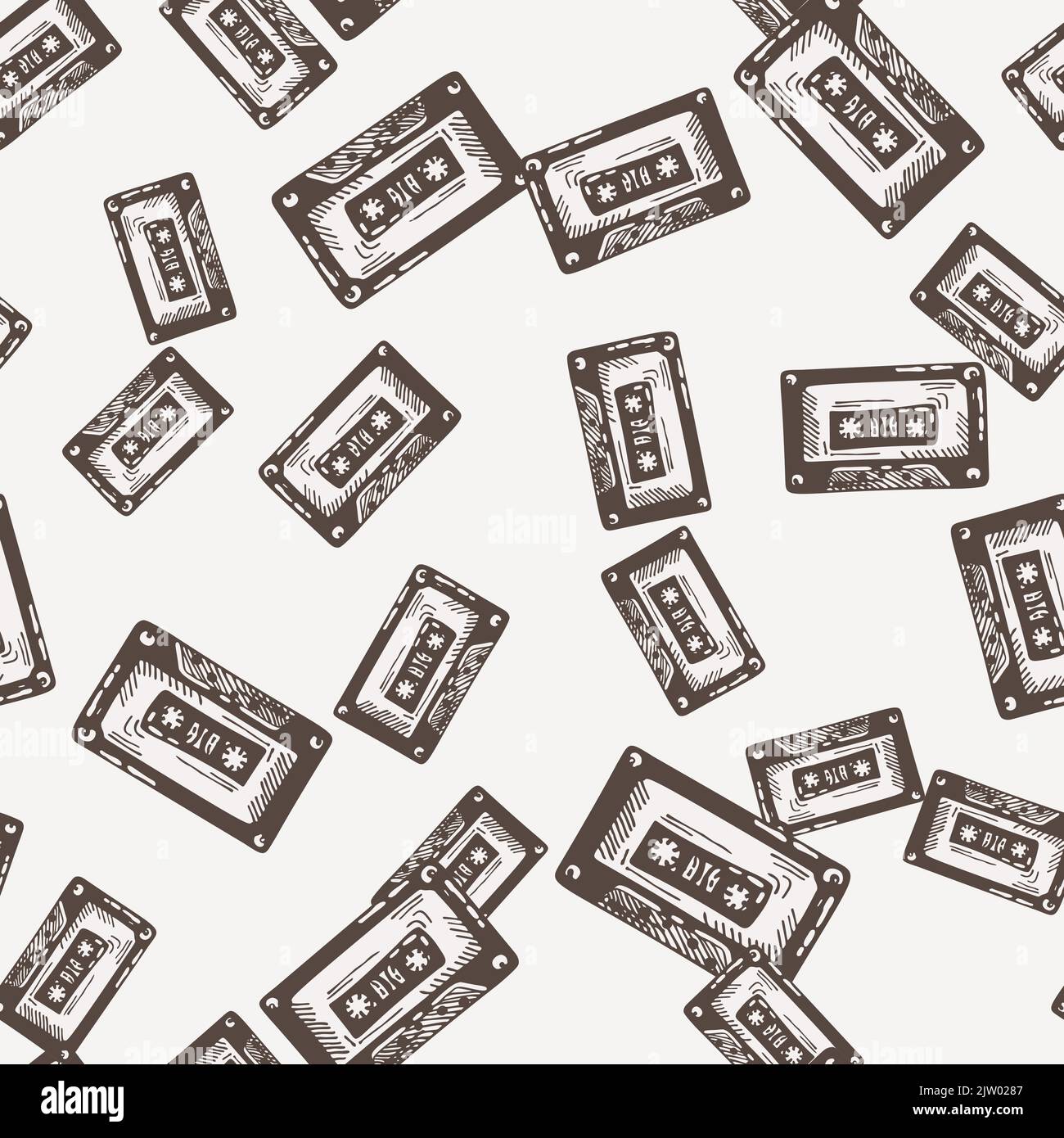 Audio cassette tape engraved seamless pattern. Vintage music cassette ...