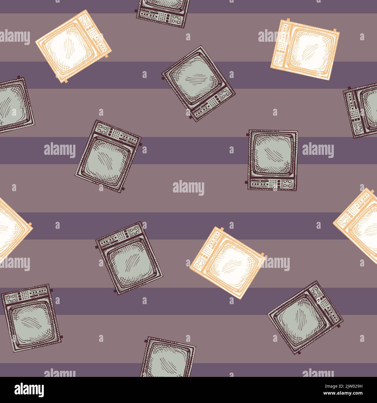 Retro TV engraved seamless pattern. Vintage television in hand drawn ...