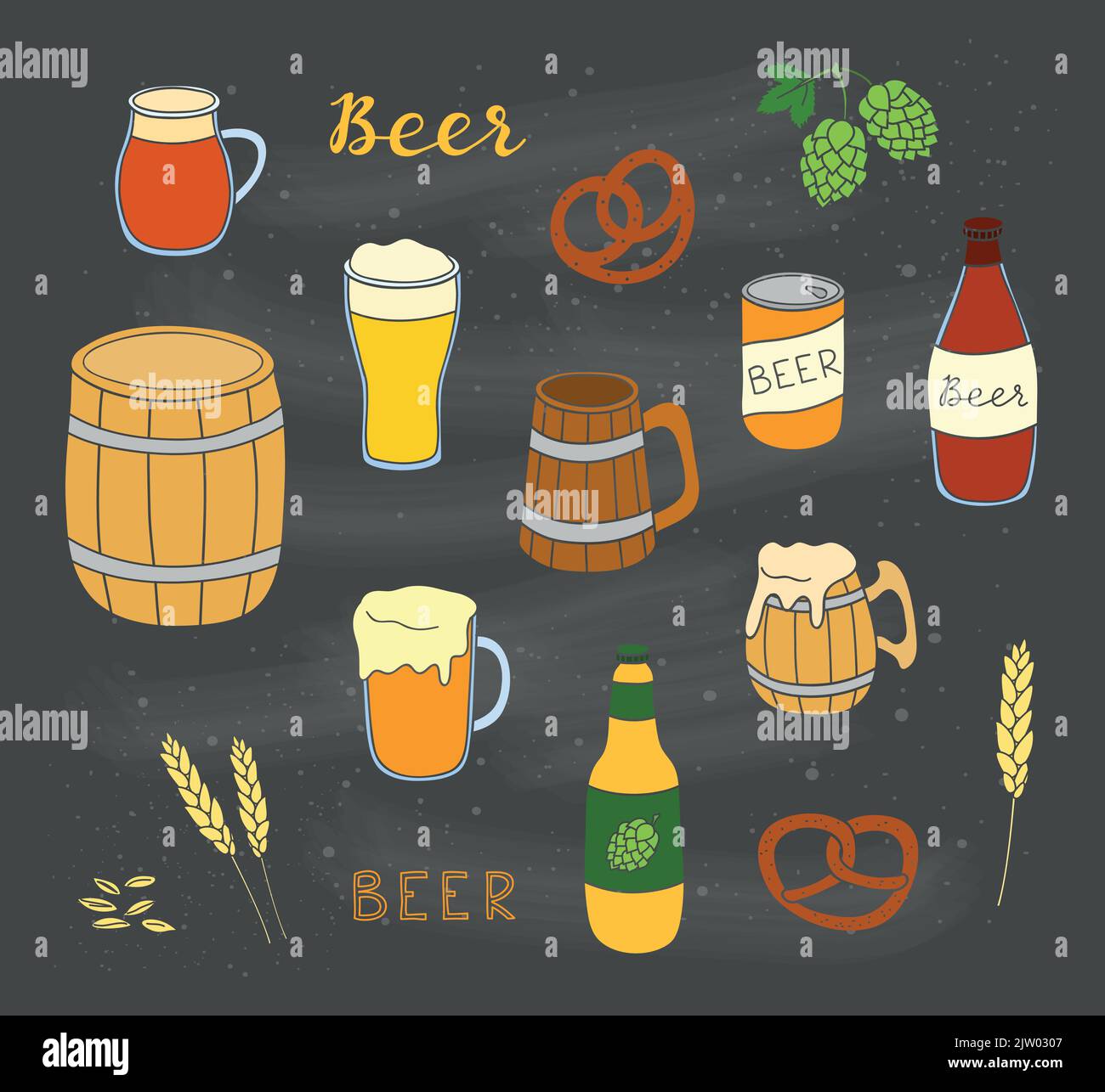 Set of hand drawn colored beer in mug, bottle, can and wooden keg ...