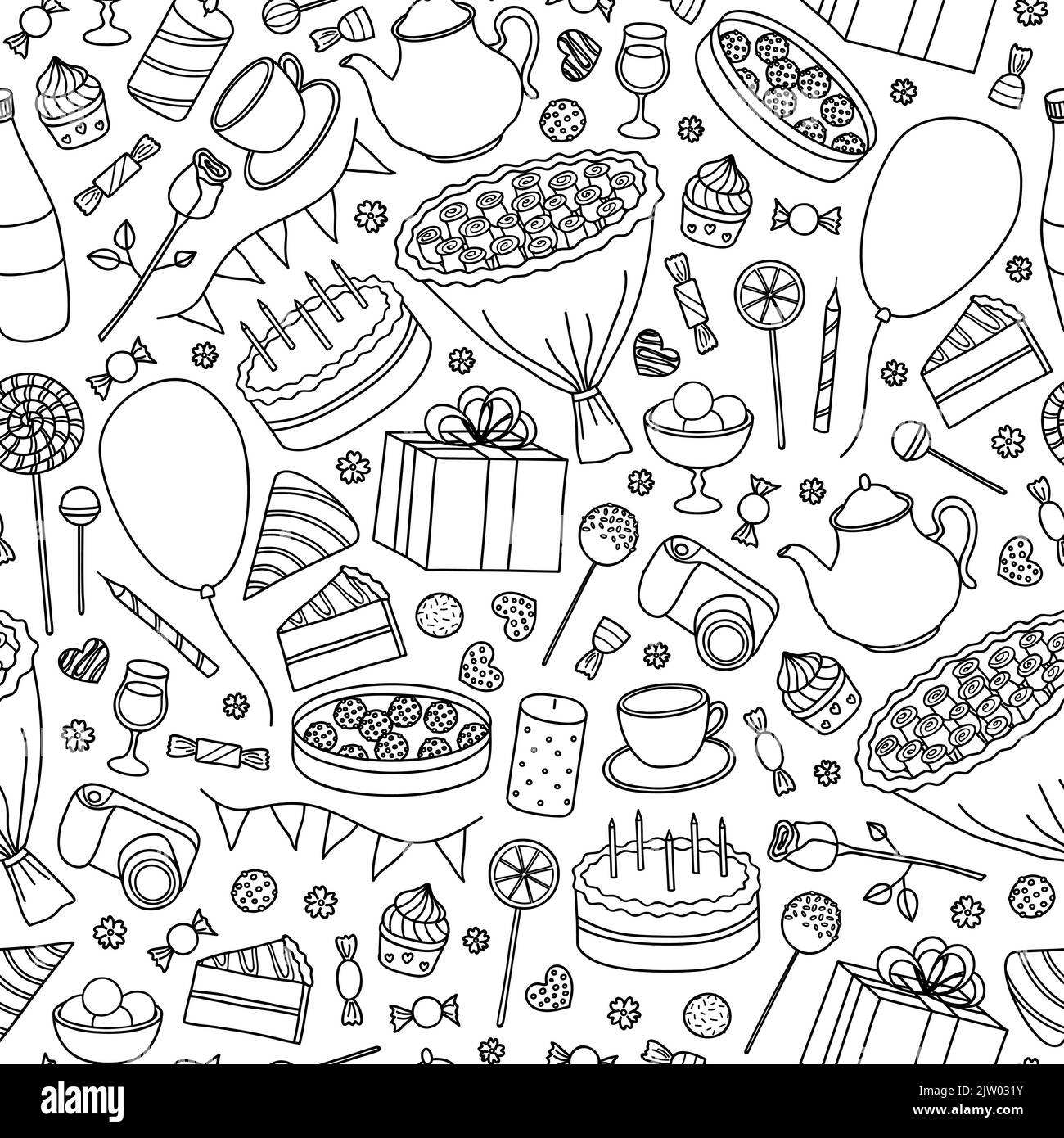 Black and white seamless pattern with hand drawn items for birthday ...