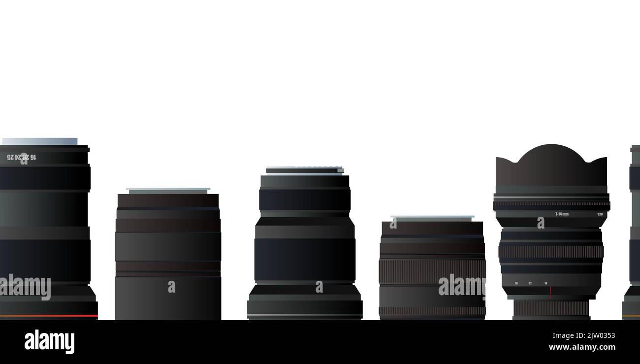 Set of lenses for camera. Various sizes and focal lengths. Optical ...