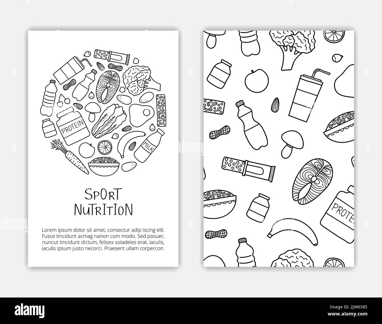 Card templates with doodle outline sports nutrition products. Used ...