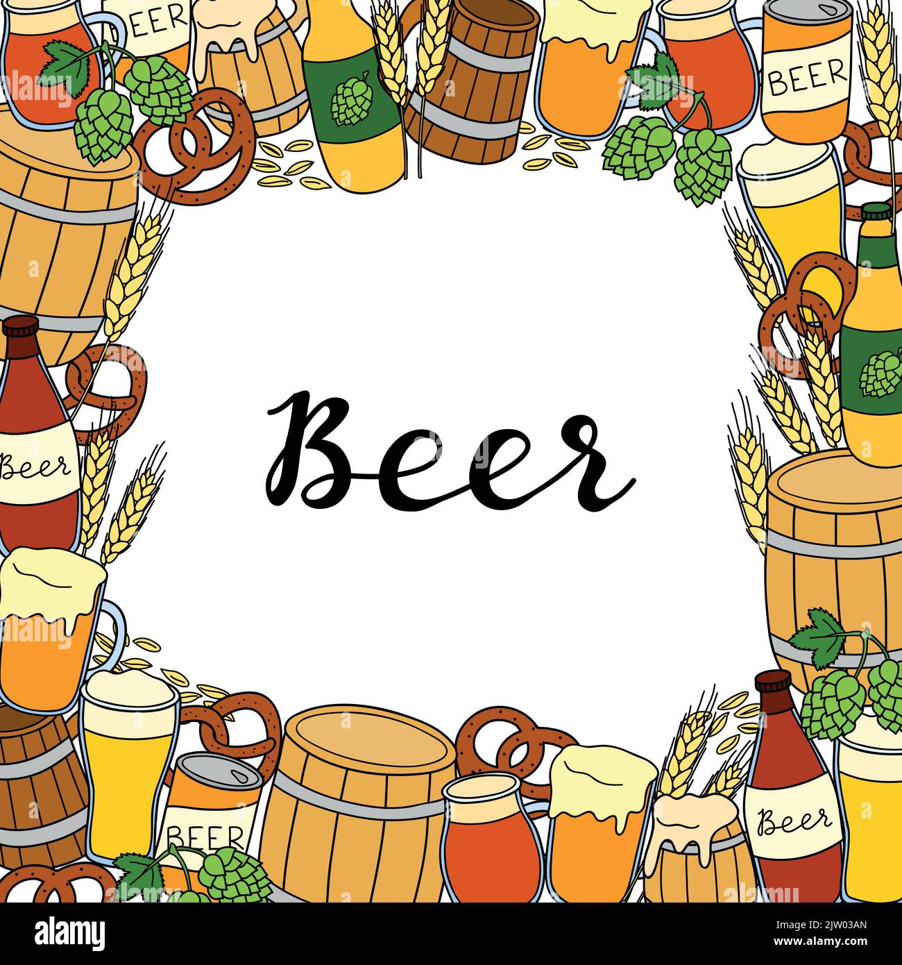 Square background with hand drawn colored beer items, brezel, barley ...
