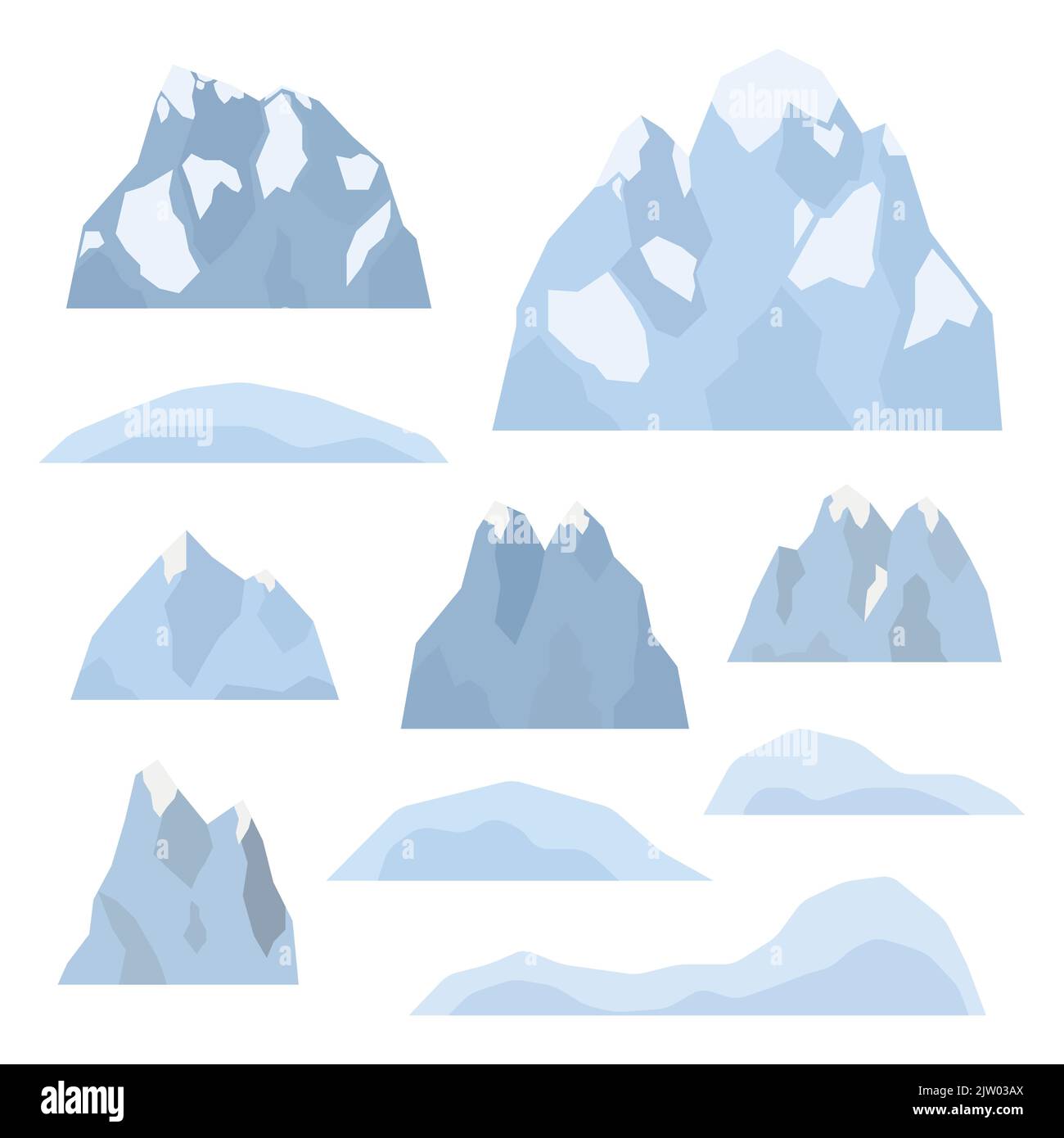 Set of Alpine mountains, glaciers and snowy hills in flat style ...