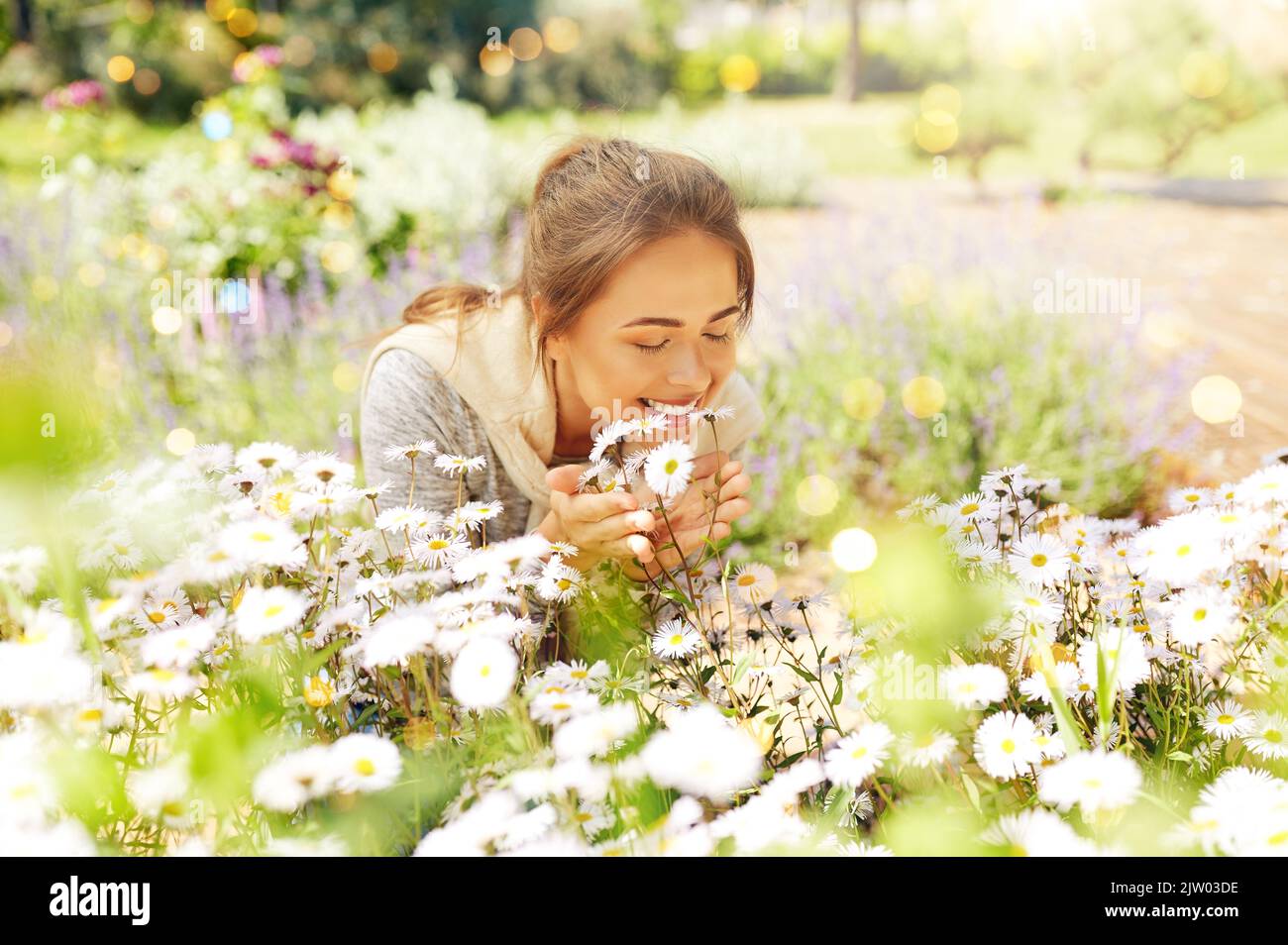 happy woman smelling chamomile flowers in garden Stock Photo - Alamy