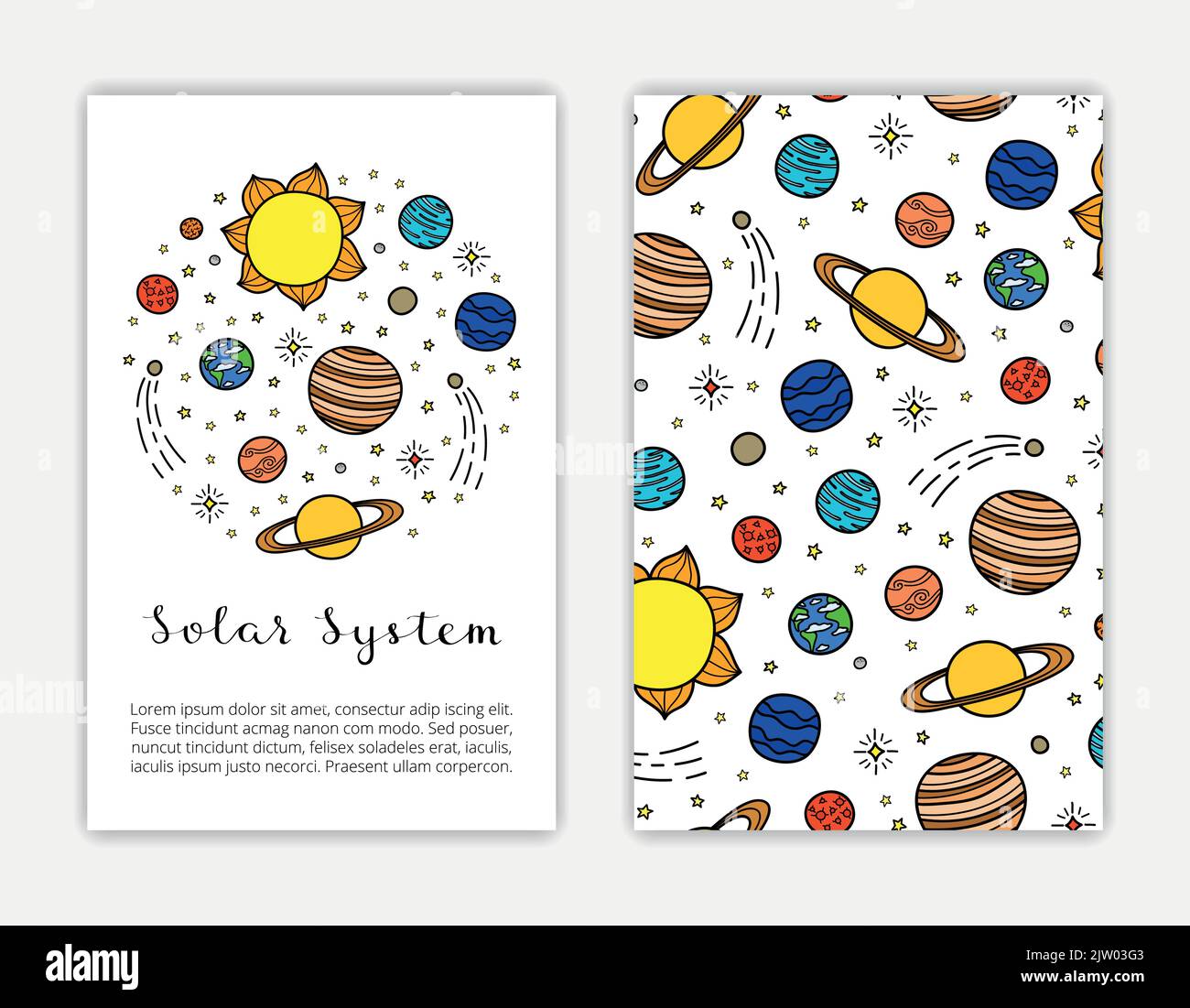 Card templates with hand drawn colorful planets and stars of the Solar ...