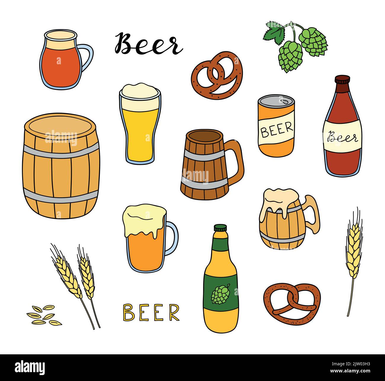Set of hand drawn colored beer in mug, bottle, can and wooden keg ...