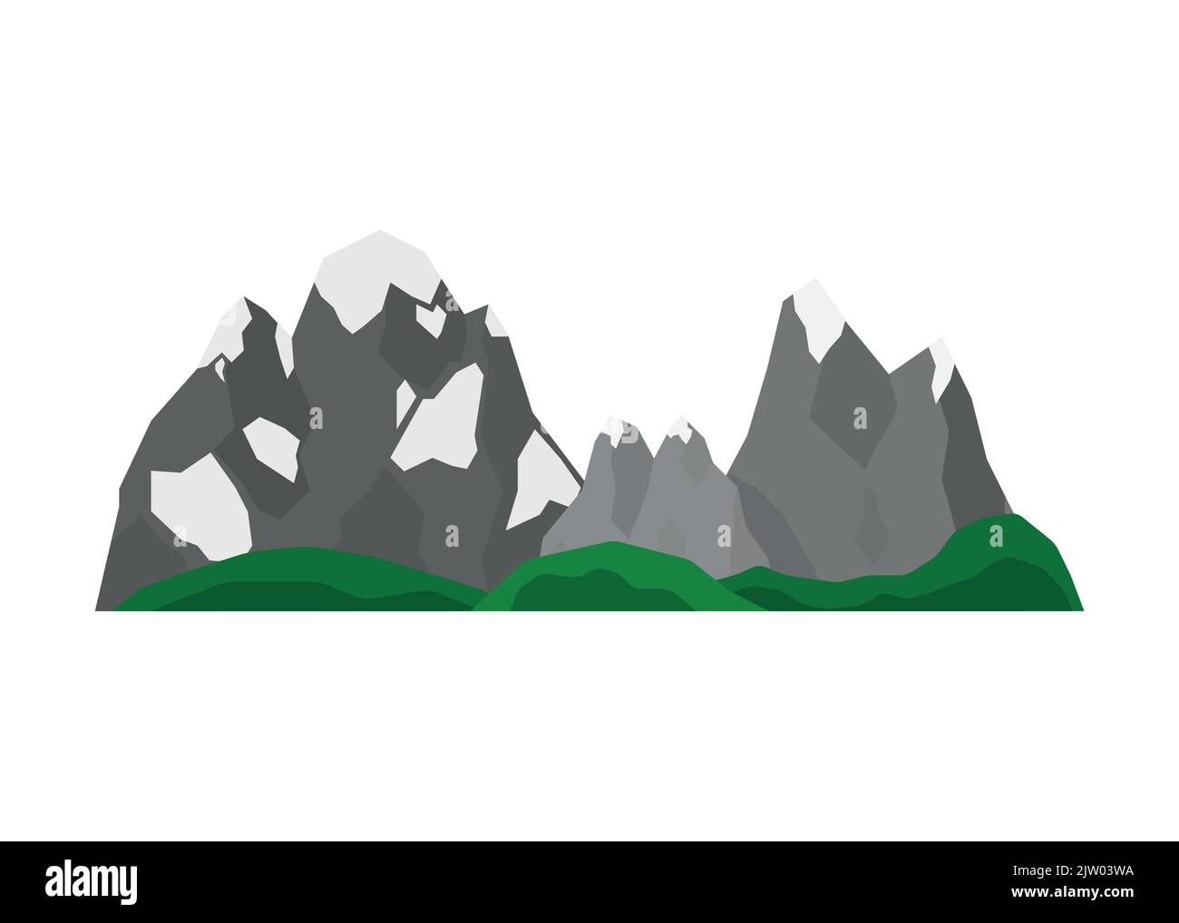 Composition of Alpine mountains, glaciers and green hills in flat style ...