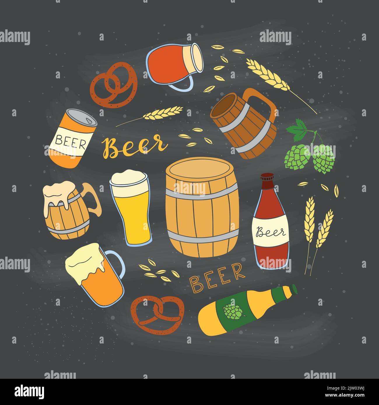 Hand drawn colorful beer items composed in circle shape Stock Vector ...