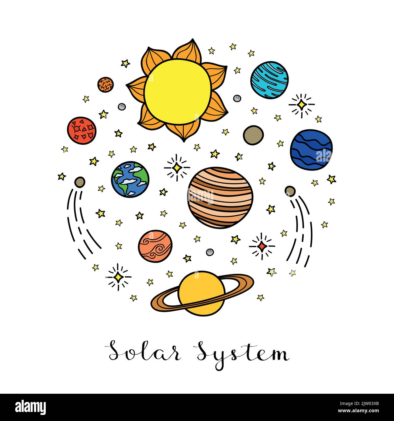 Hand drawn colorful planets, stars of the Solar System composed in ...