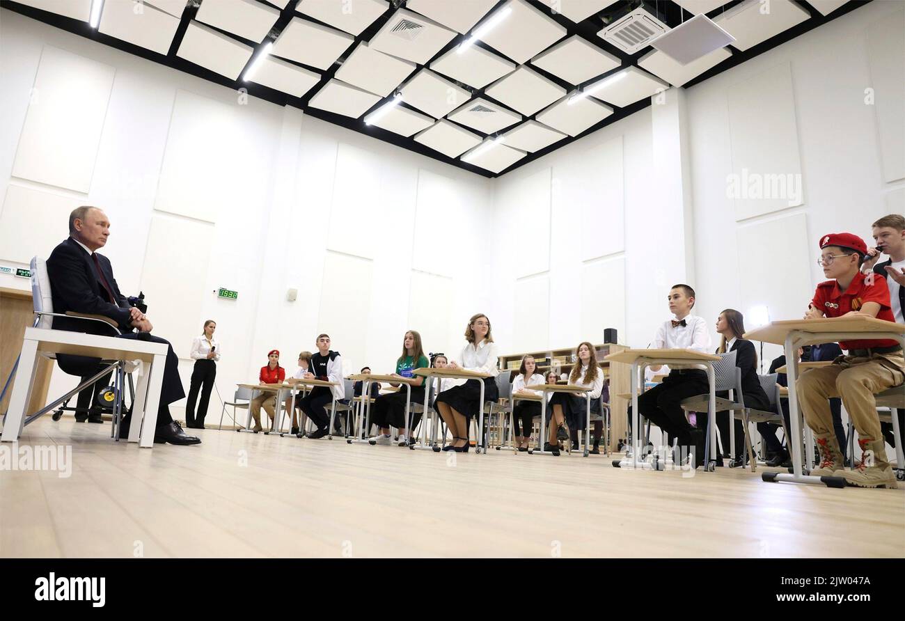 Kaliningrad, Russia. 01st Sep, 2022. Russian President Vladimir Putin, holds an open lesson with ...