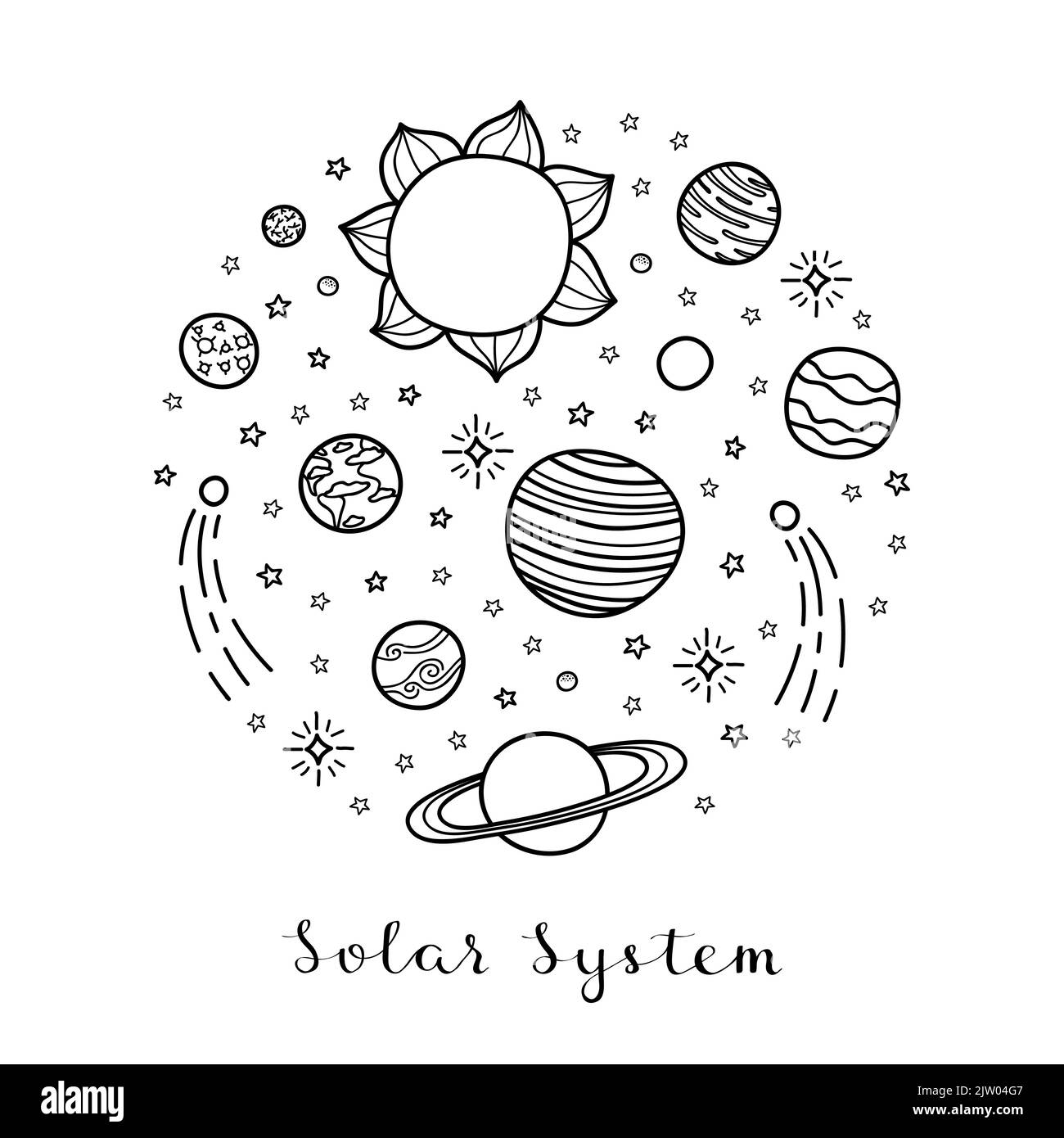 Hand drawn outline planets, stars of the Solar System composed in ...