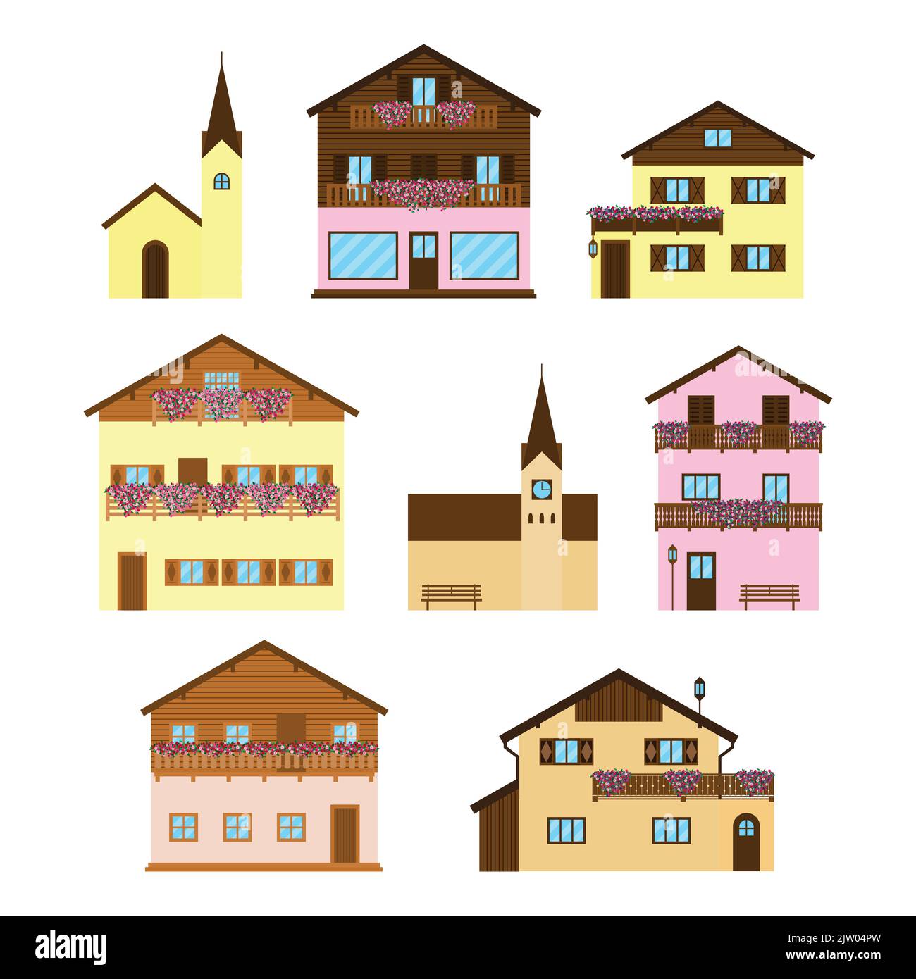 Set of Alpine wooden houses, chalets, hotels and churches in flat style ...