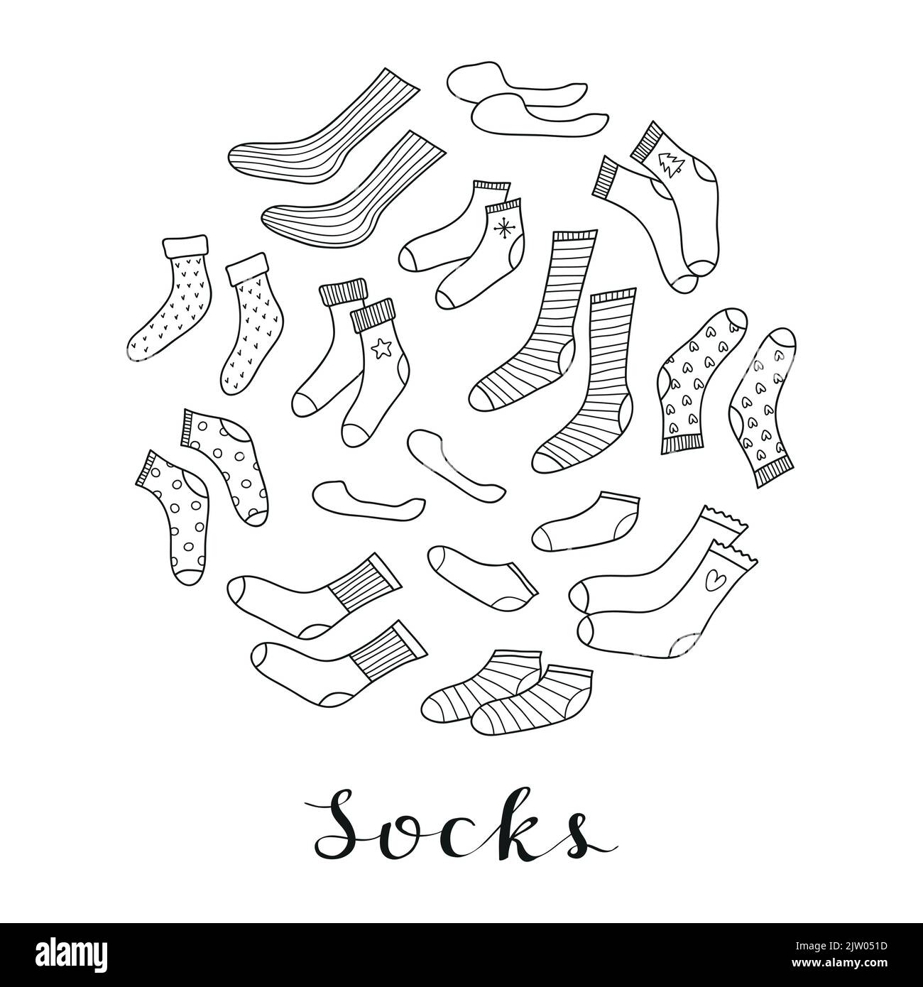Different doodle outline socks composed in circle shape with lettering ...