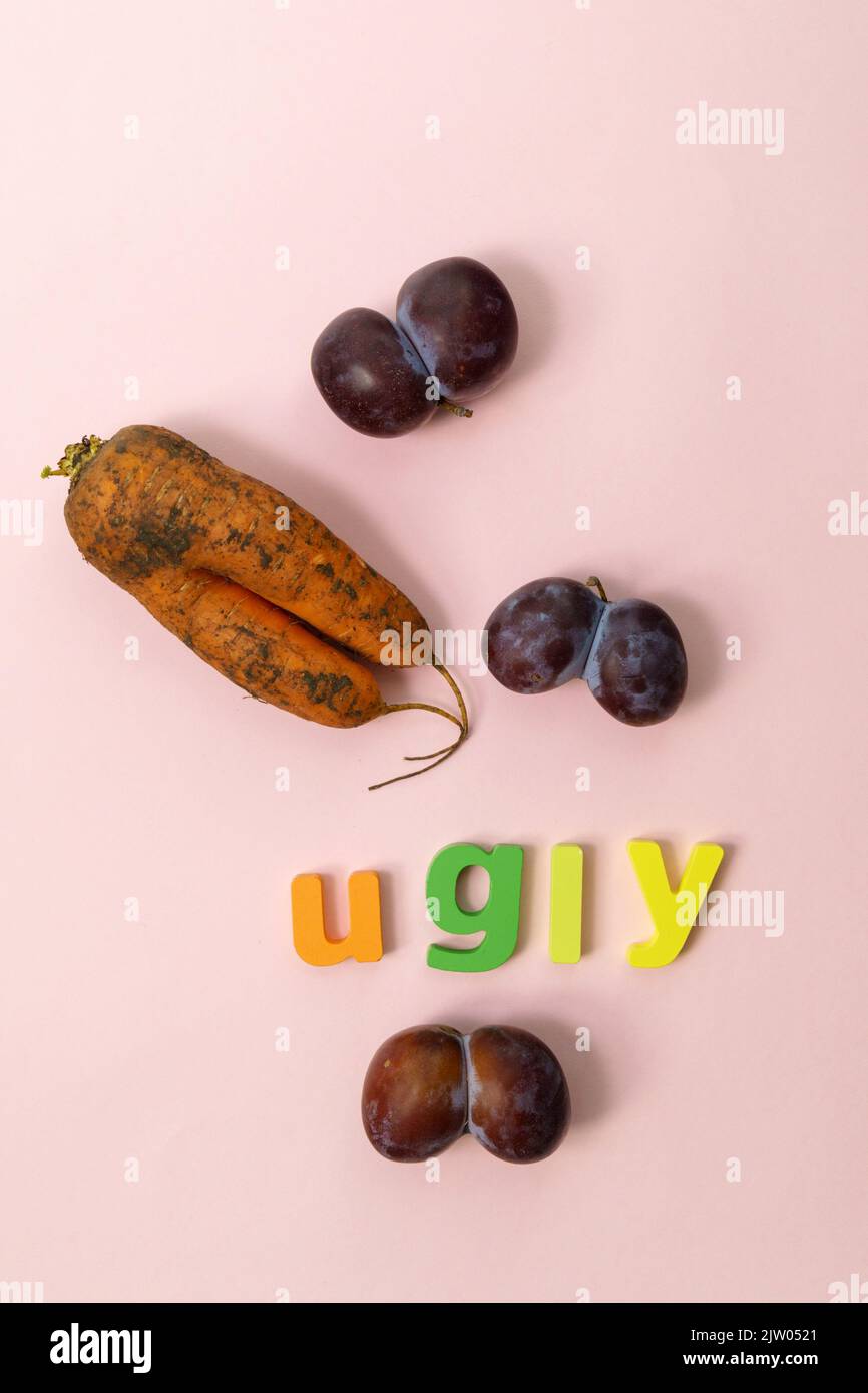 Ugly plums and carrot on pink background. fruits are suitable for food ...
