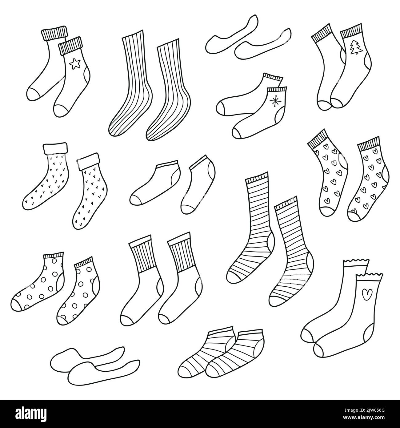 Set of different doodle outline socks isolated on white background ...