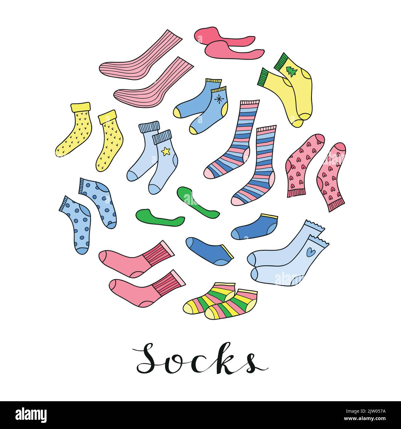 Different doodle colorful socks composed in circle shape with lettering ...