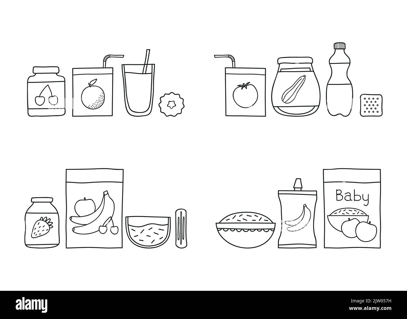 Groups of doodle outline baby foods including drinks, porridges, puree ...