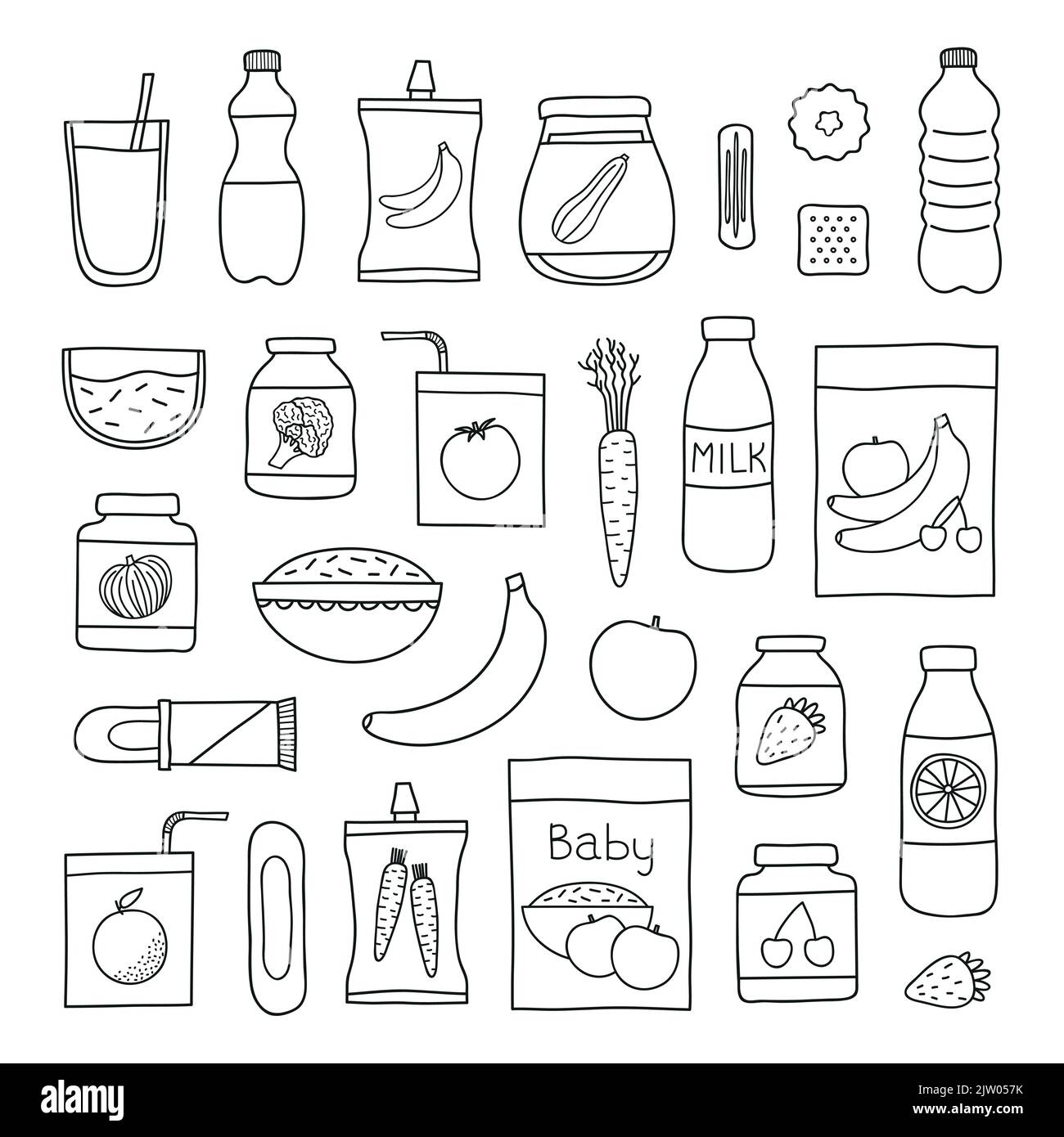Collection of doodle outline baby foods including drinks, porridges ...