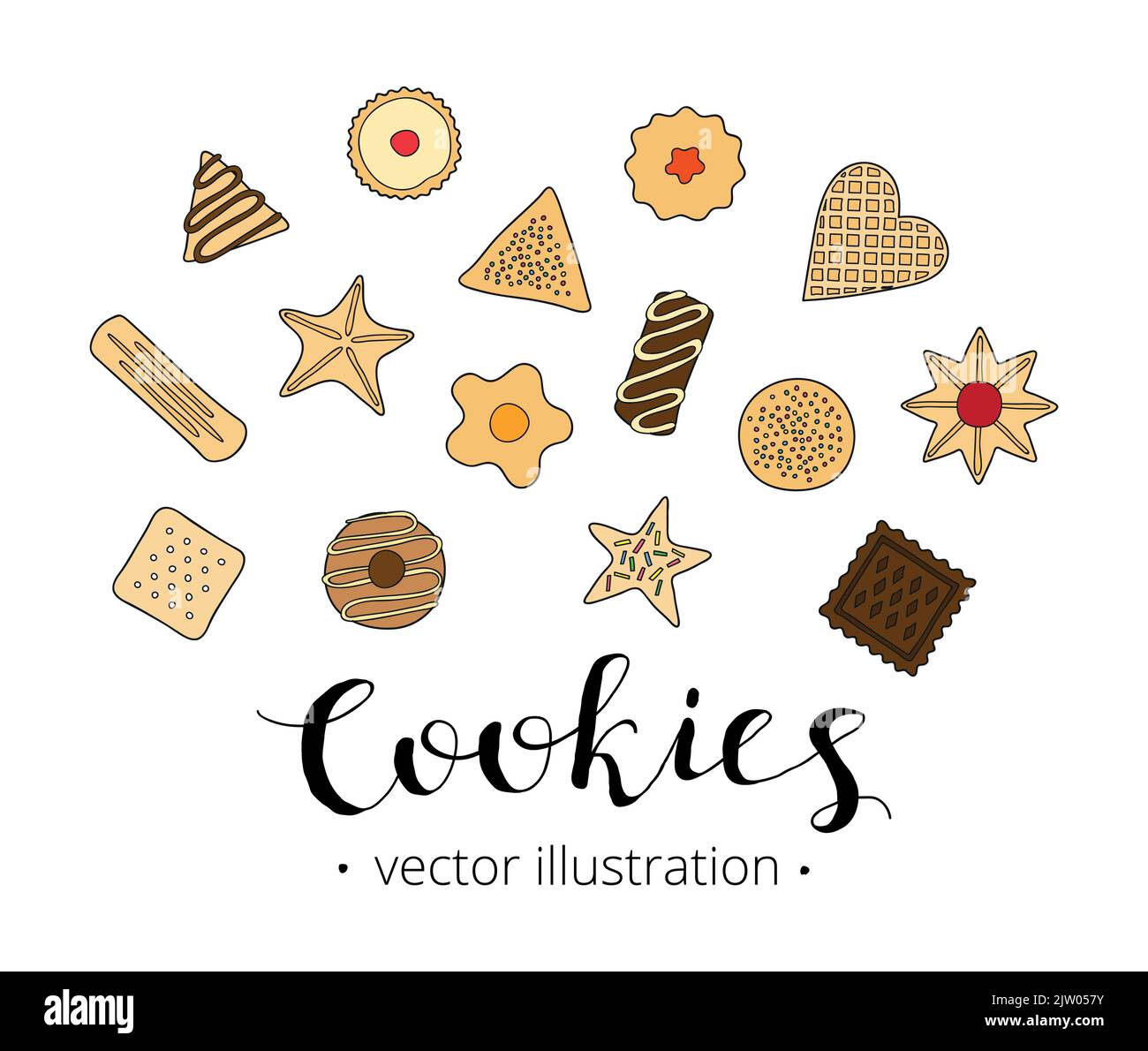 Composition of different hand drawn cookies with chocolate and jelly ...