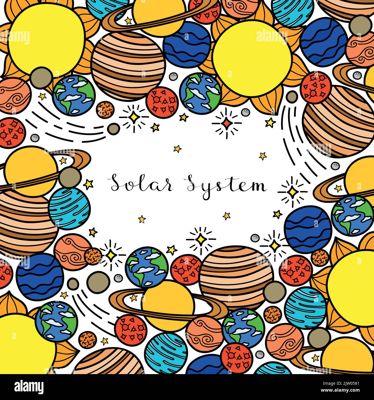 Square background with hand drawn colored planets, stars of the Solar ...