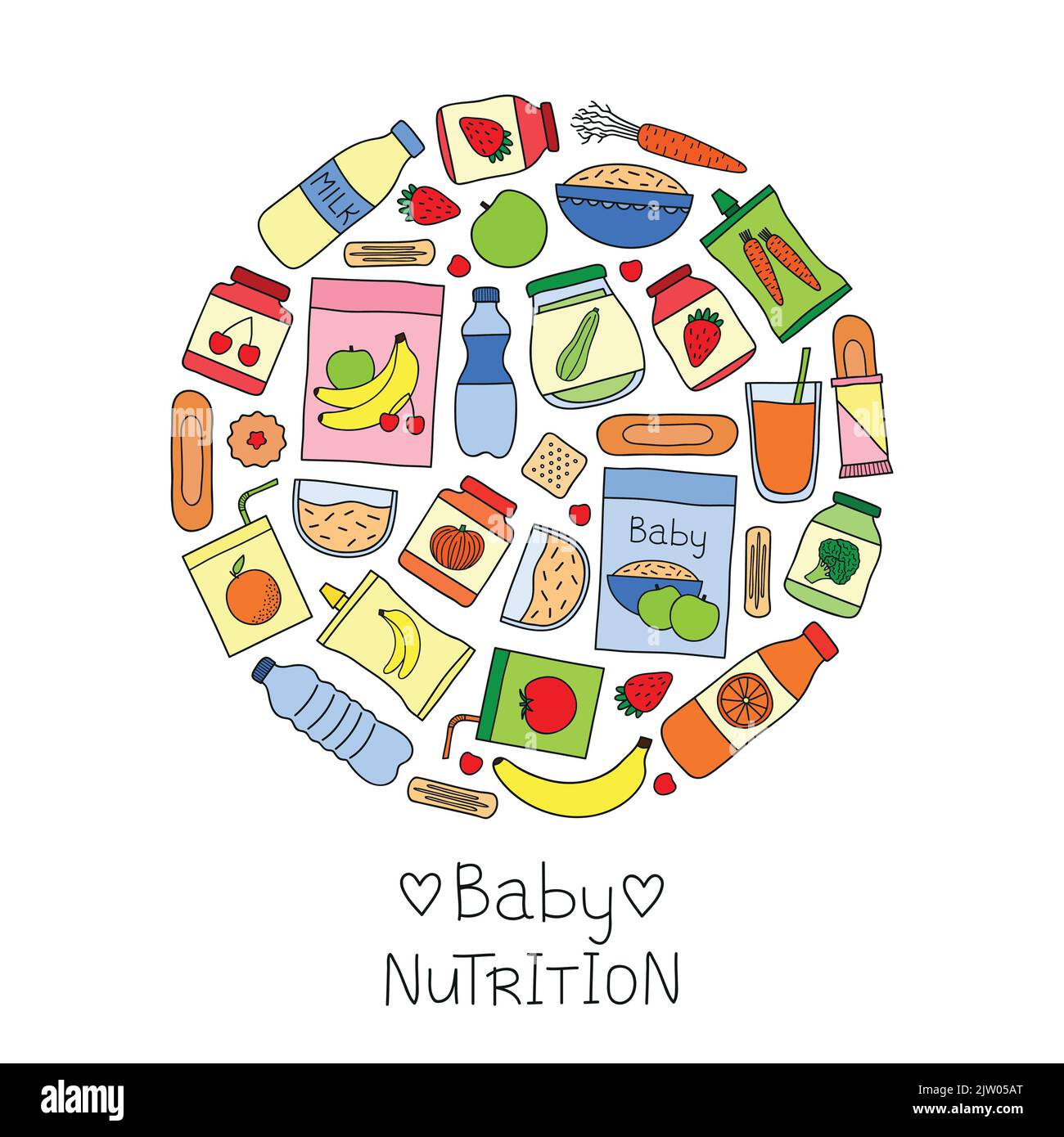 Doodle colored baby foods including drinks, porridges, puree and ...