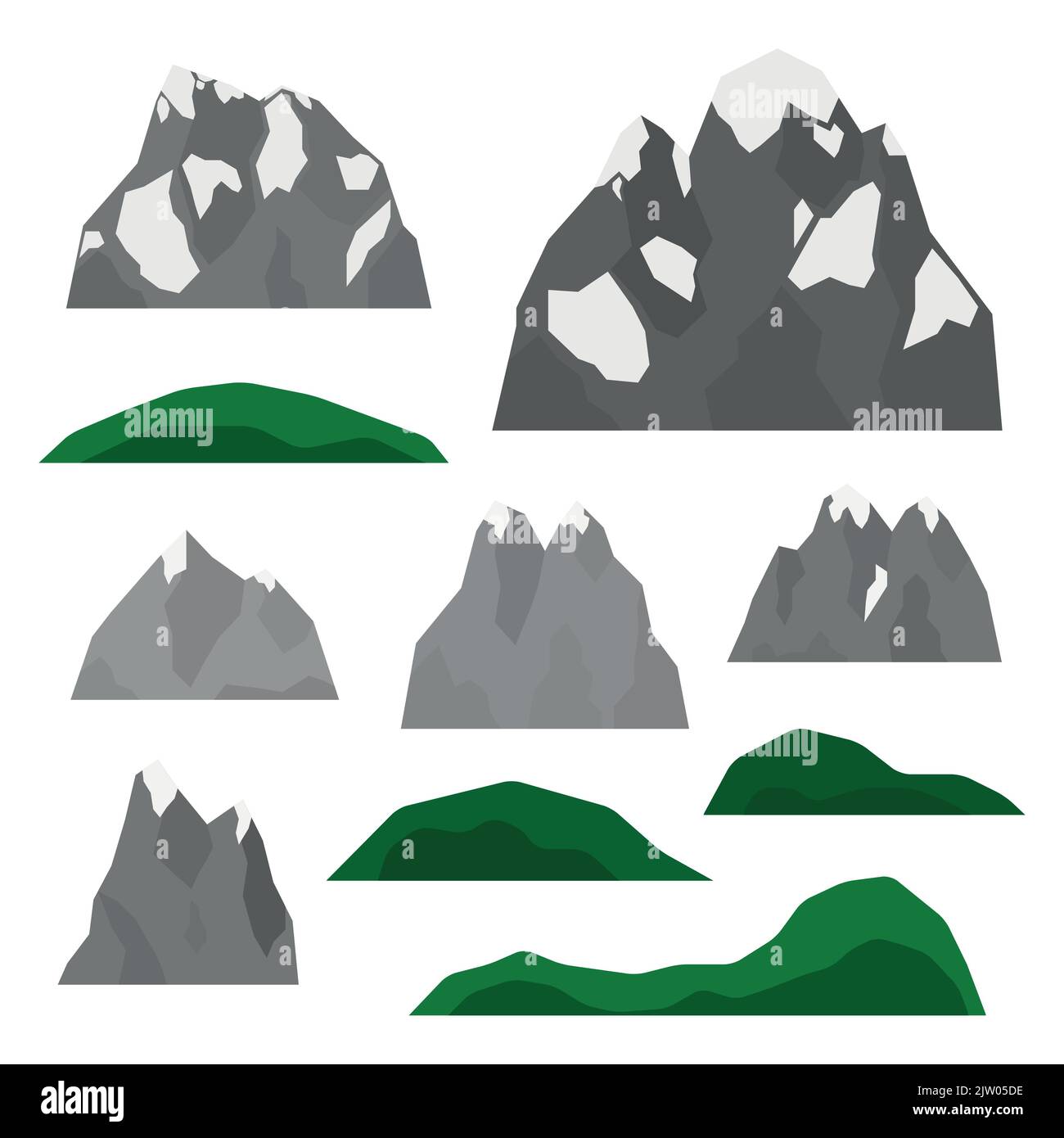 Set of Alpine mountains, glaciers and green hills in flat style ...