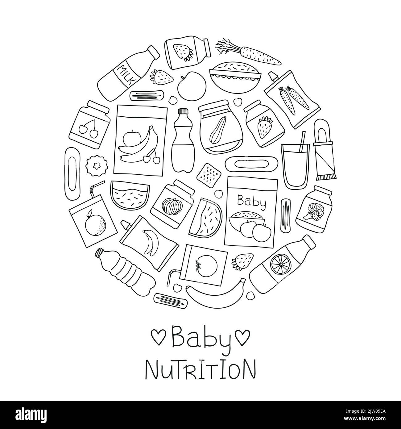 Doodle outline baby foods including drinks, porridges, puree and ...