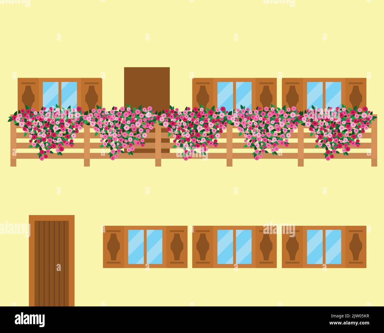 Wall of the Alpine house or chalet with door, windows and balcony in ...