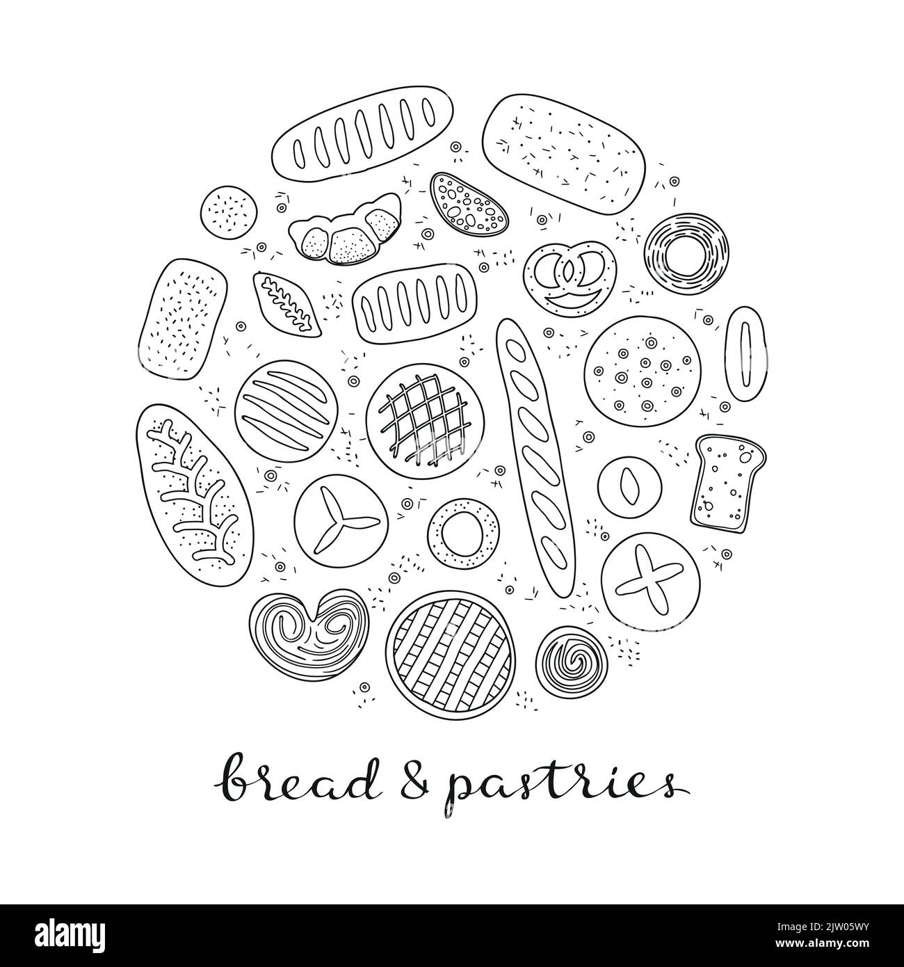 Hand drawn outline baking bread, bagel, buns and pastries composed in ...