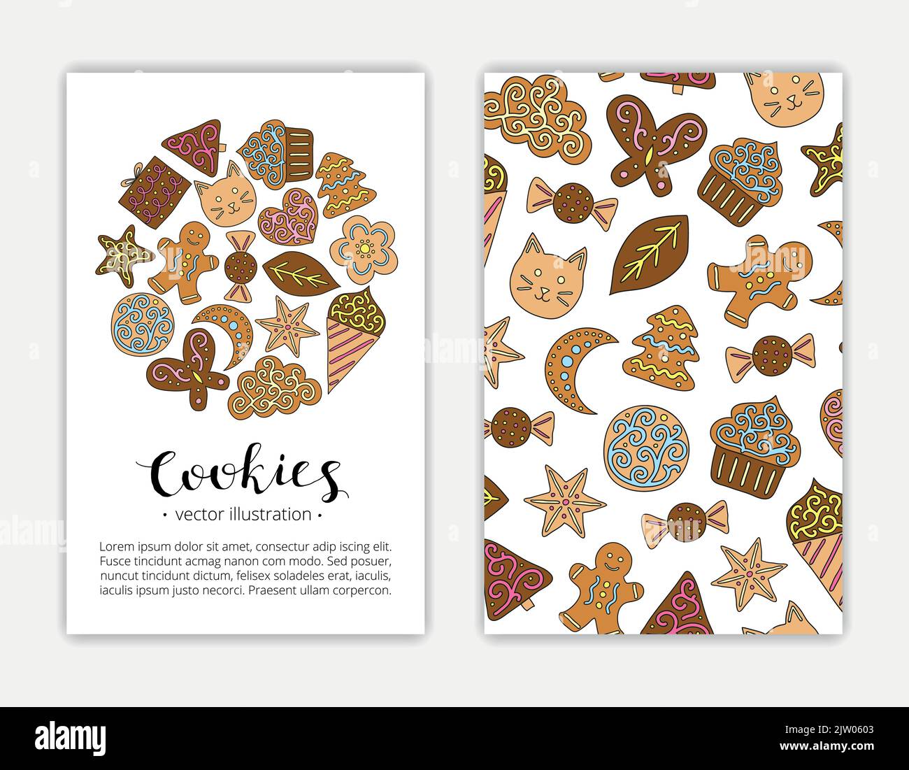 Card templates with hand drawn colored cookies. Used clipping mask ...