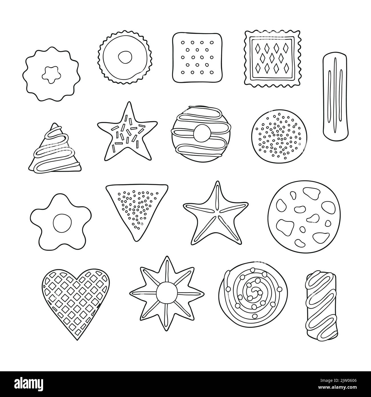 Set of different hand drawn outline cookies with chocolate and jelly ...
