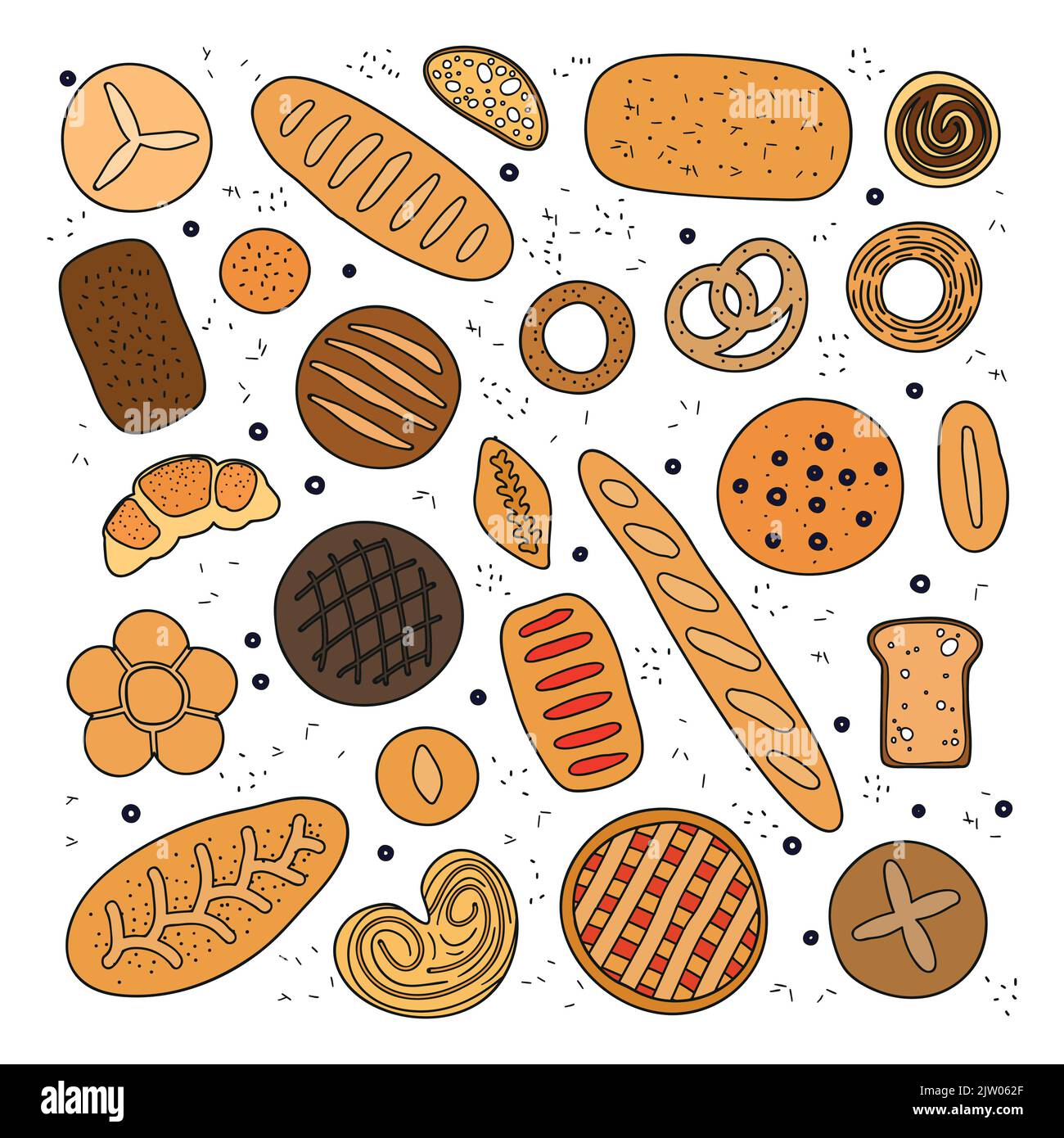 Collection of hand drawn colored baking bread, bagel, buns and pastries ...