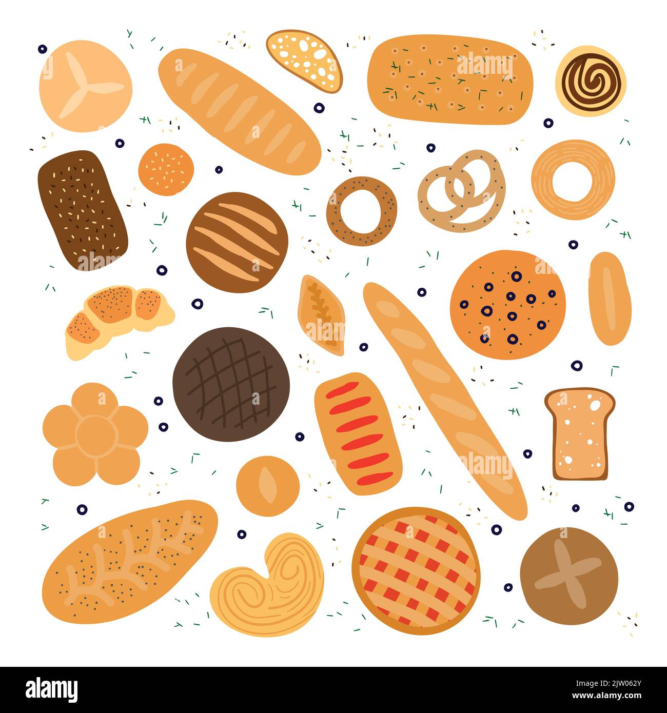 Collection of hand drawn colorful baking bread, bagel, buns and ...