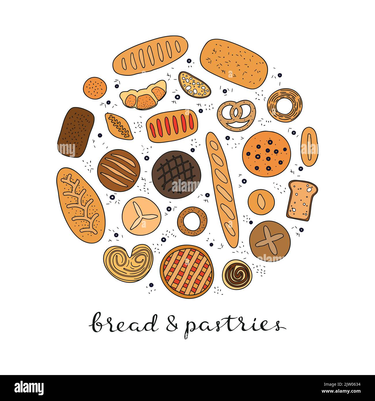 Hand drawn colored baking bread, bagel, buns and pastries composed in ...