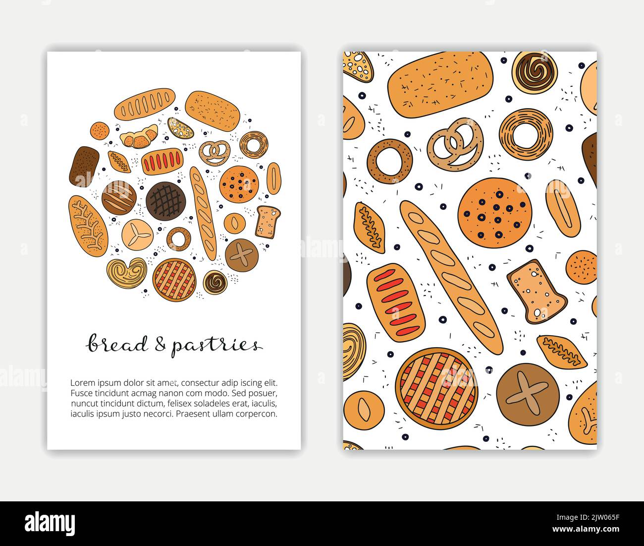 Card templates with hand drawn colored bread and pastries. Used ...
