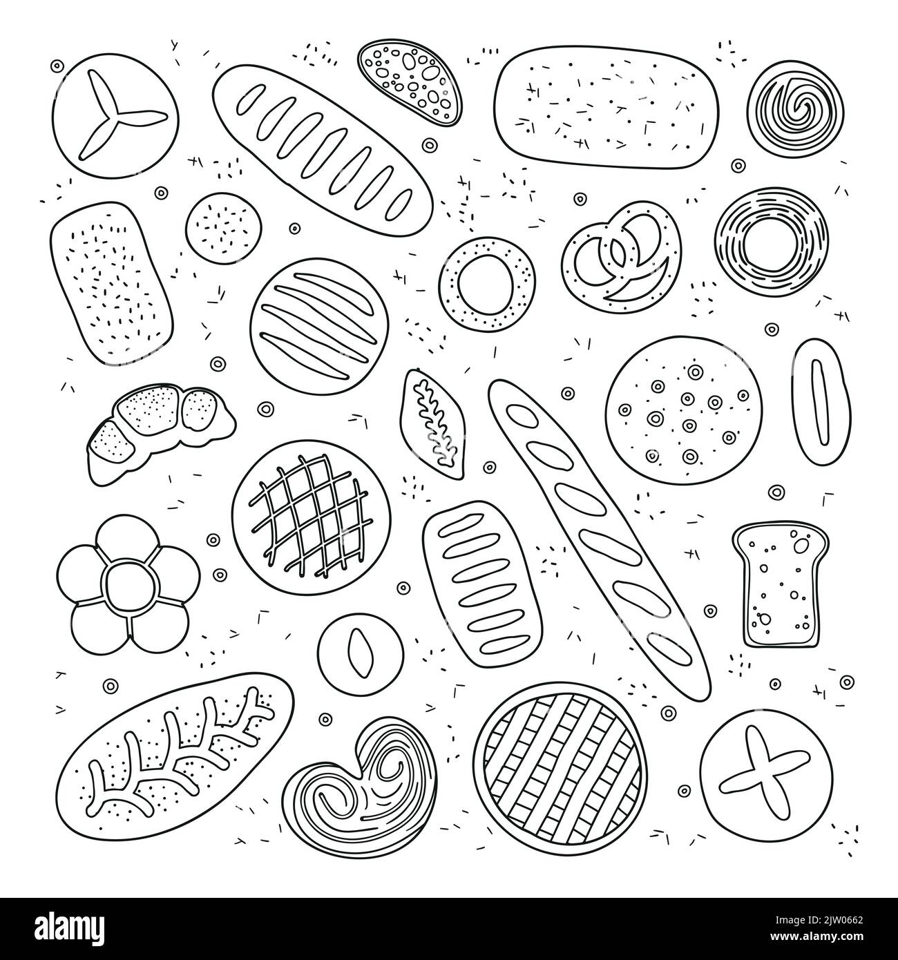 Collection of hand drawn outline baking bread, bagel, buns and pastries ...