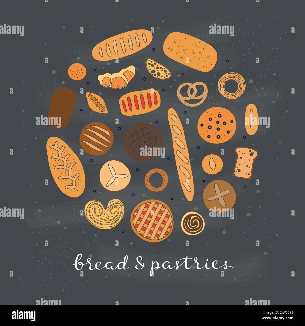 Hand drawn colored baking bread, bagel, buns and pastries composed in ...