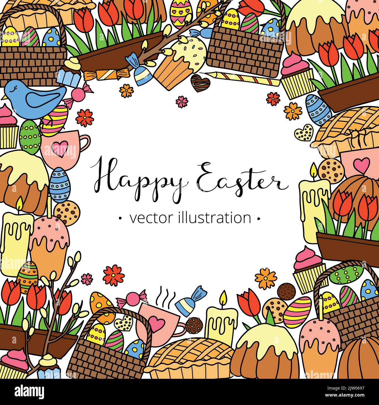 Square background with hand drawn colored easter items and lettering ...