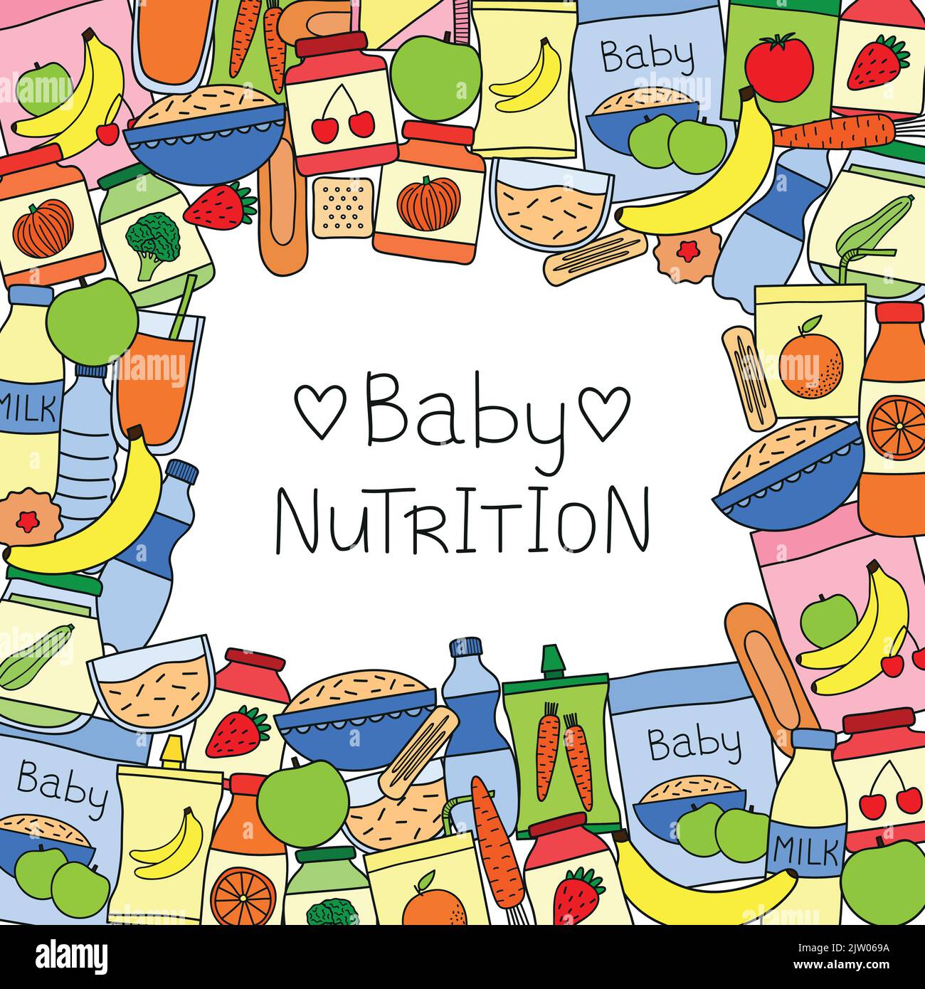 Square background with hand drawn colored baby foods and lettering ...