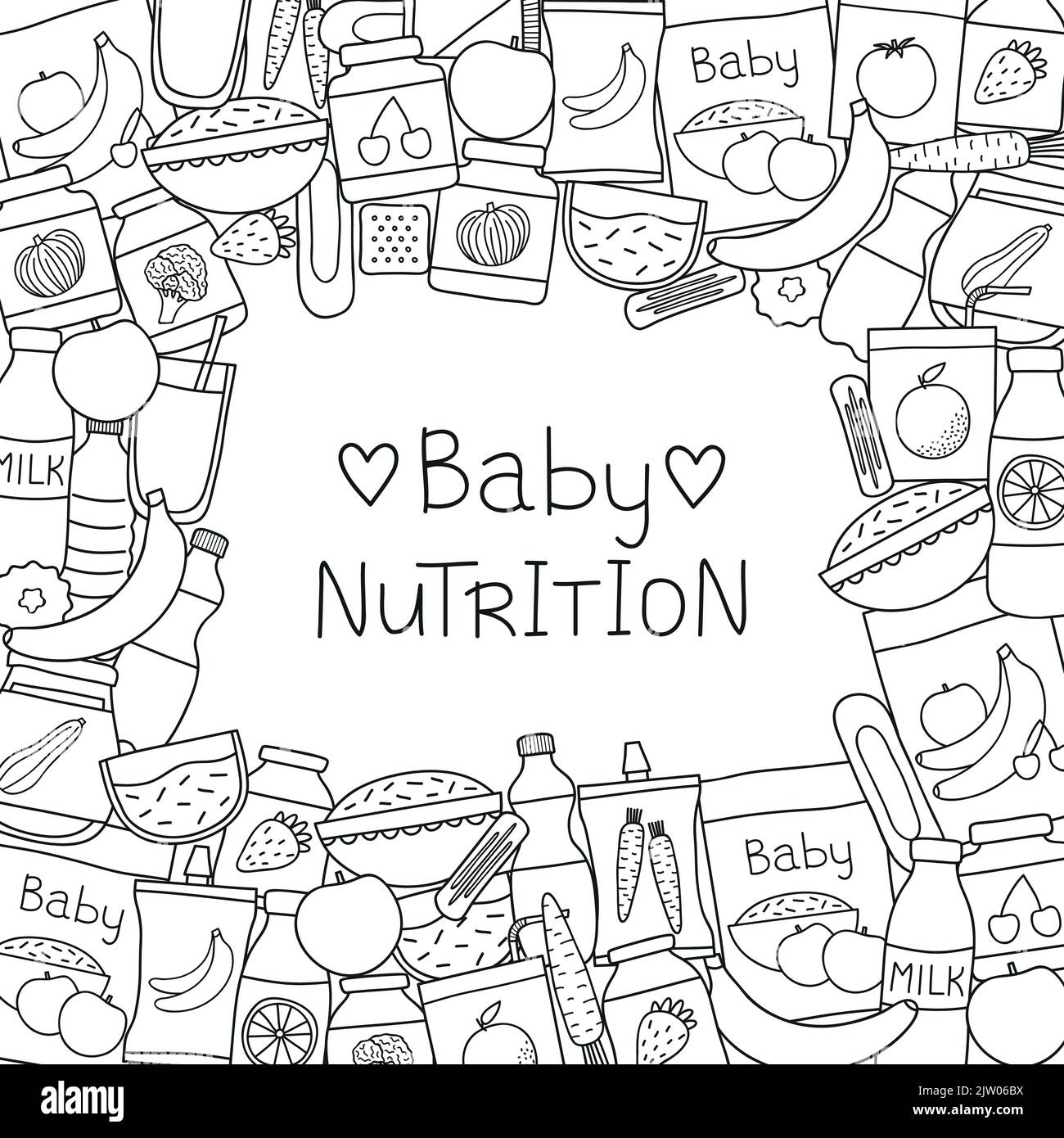 Square background with hand drawn uncolored baby foods and lettering ...