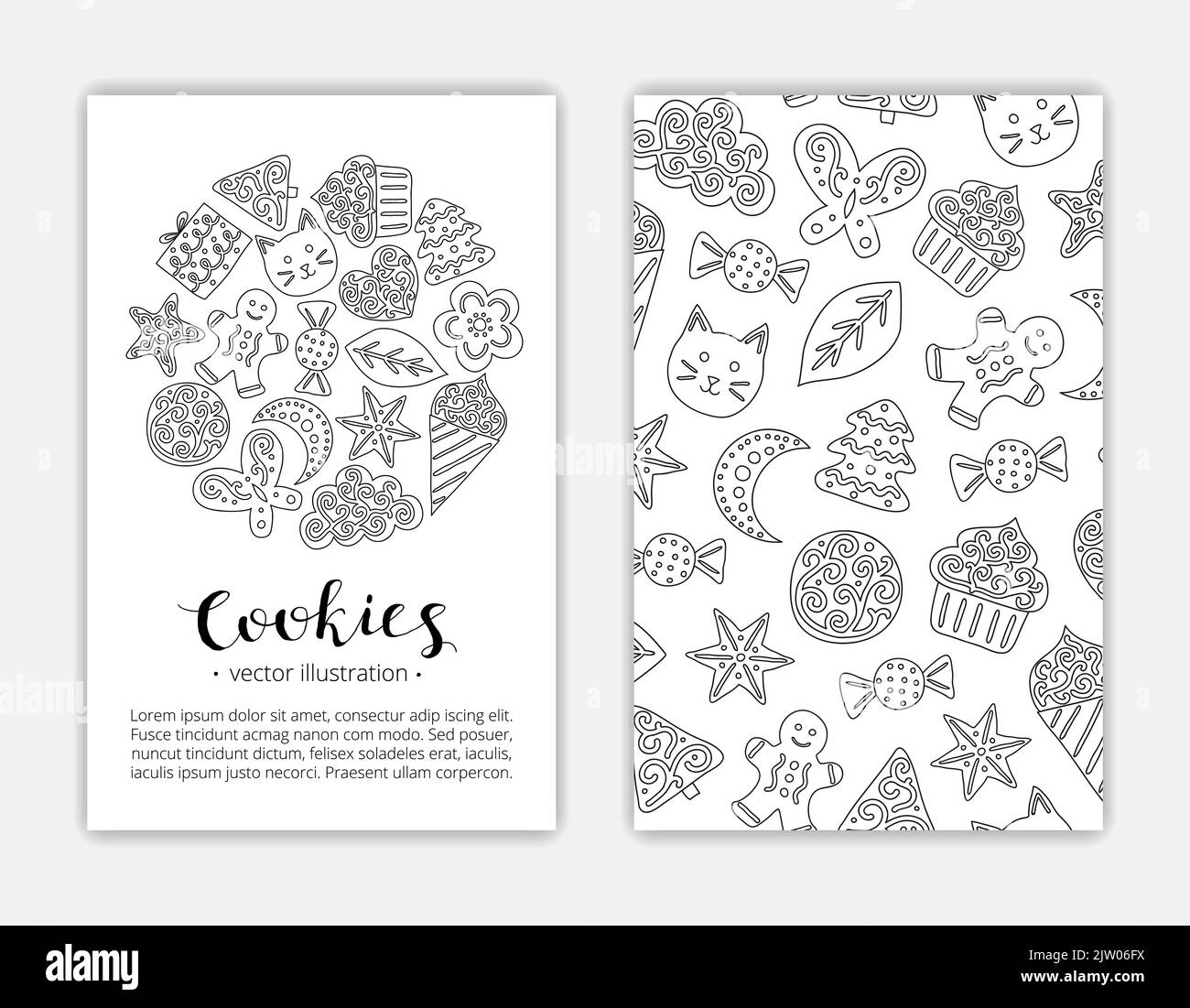Card templates with hand drawn outline cookies. Used clipping mask ...