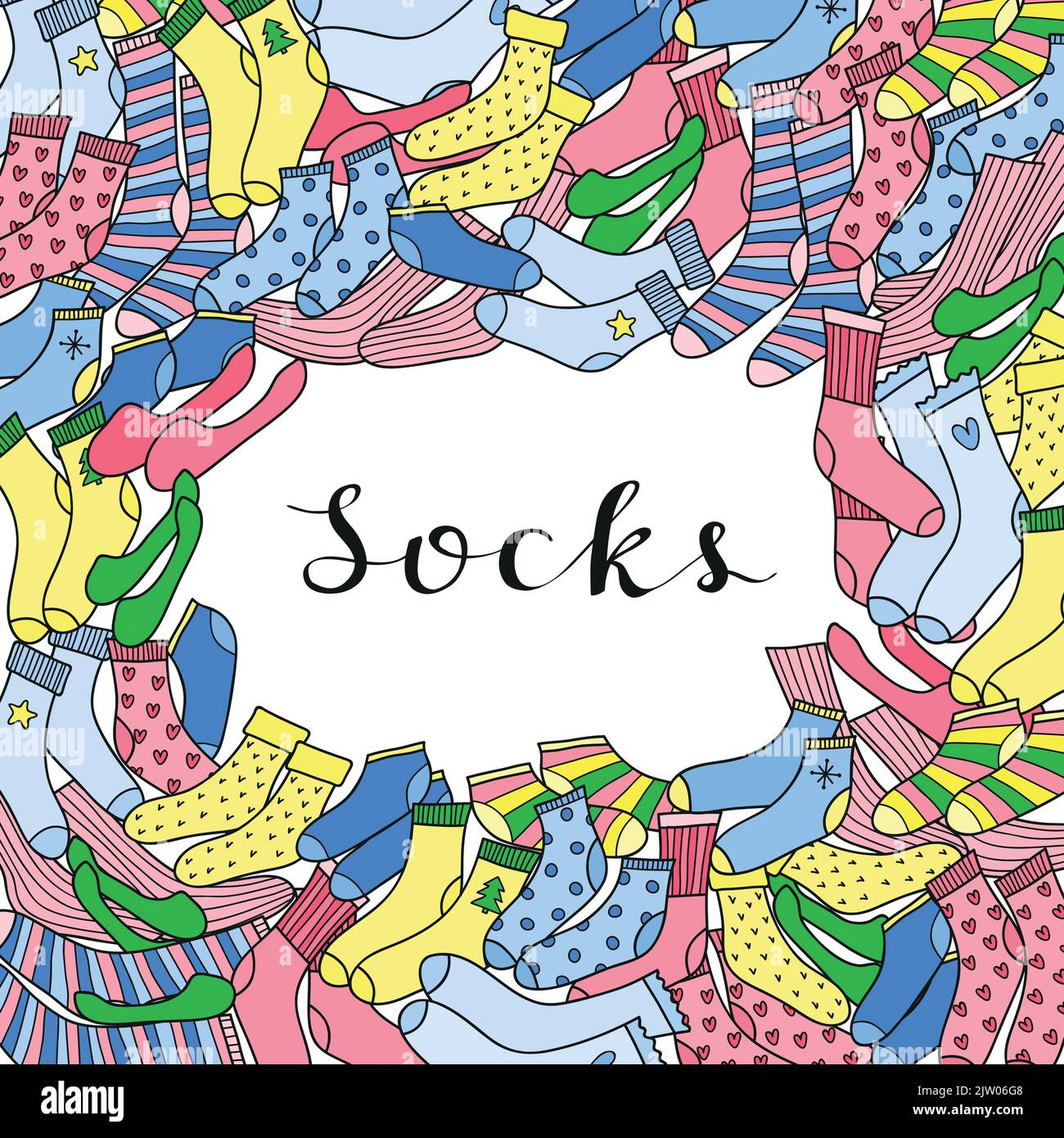 Square background with hand drawn colored socks and lettering. Detailed ...